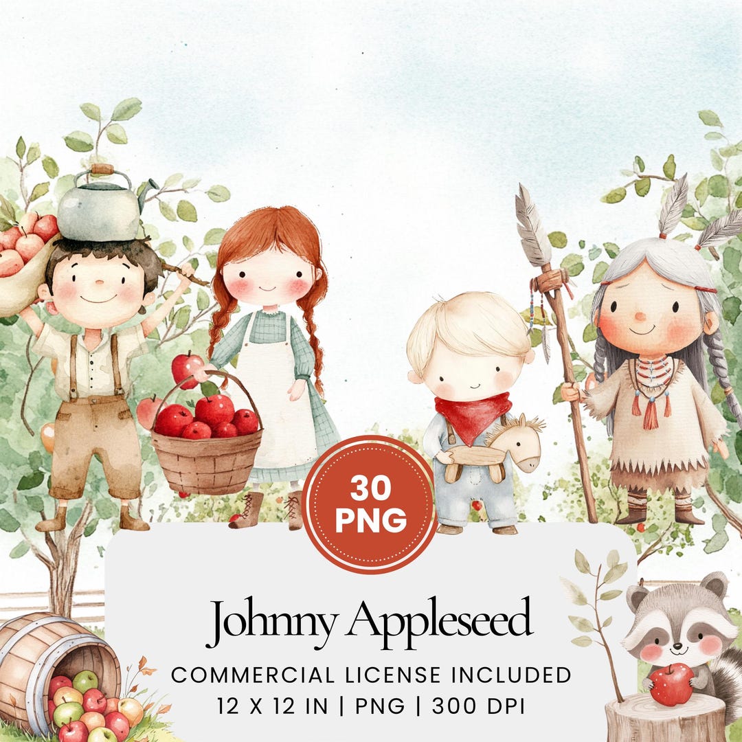 Johnny Appleseed Clipart - 30 PNG - Digital Planner, Junk Journaling ...