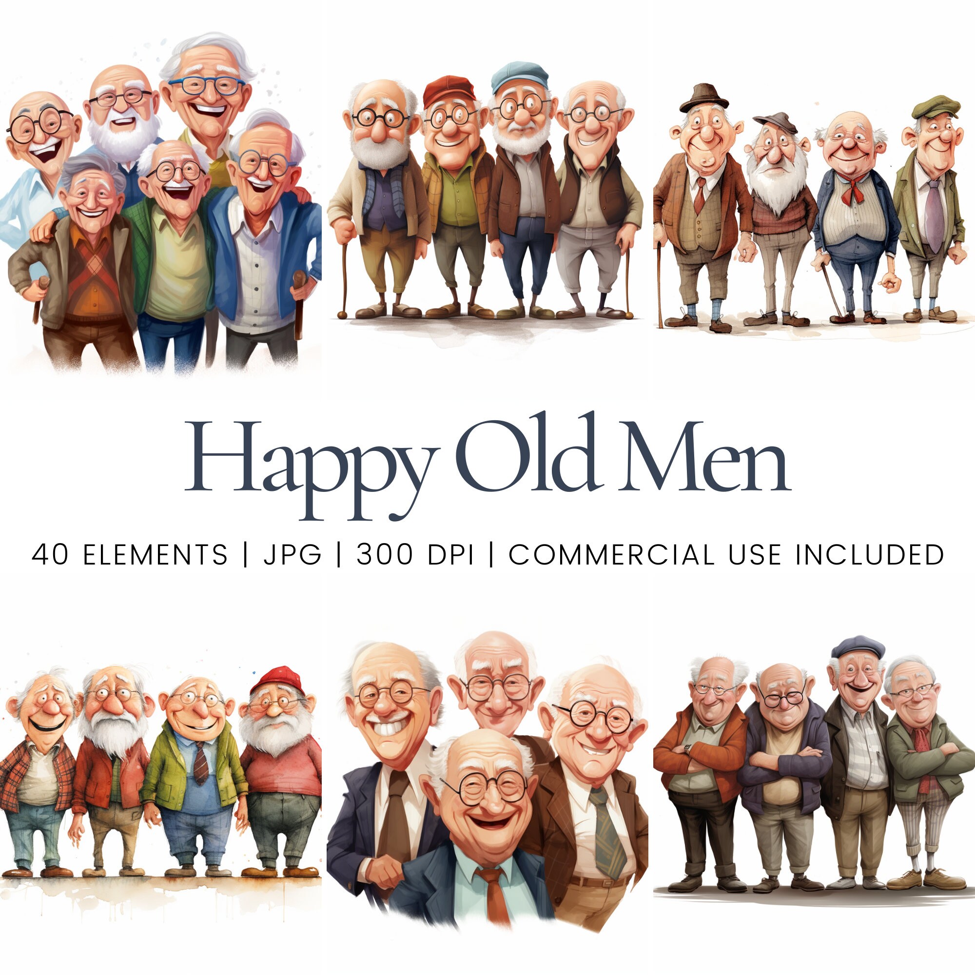 Happy Old Men Clipart - 40 High Quality JPG - Digital Planner, Junk ...