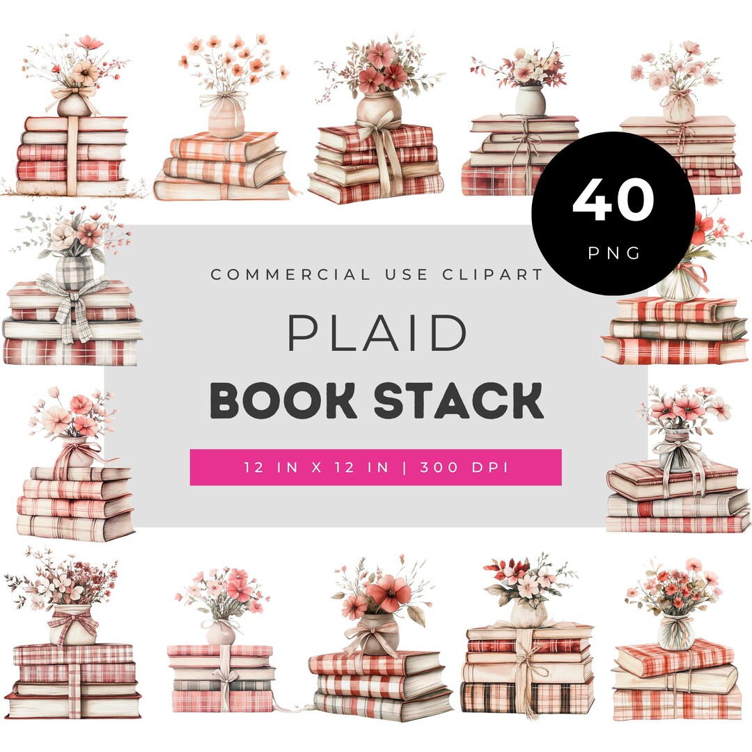Plaid Book Stack Clipart Bundle, Cozy Fall Books Watercolor Set ...