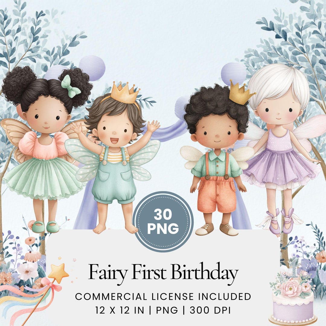 Fairy First Birthday Clipart Bundle, Watercolor Baby Girl Fairy ...