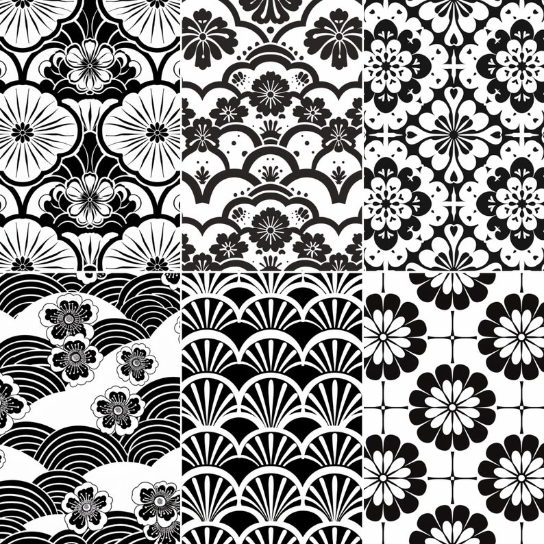 B&W Japanese Seamless Repeat Pattern, Digital Papers, Background ...