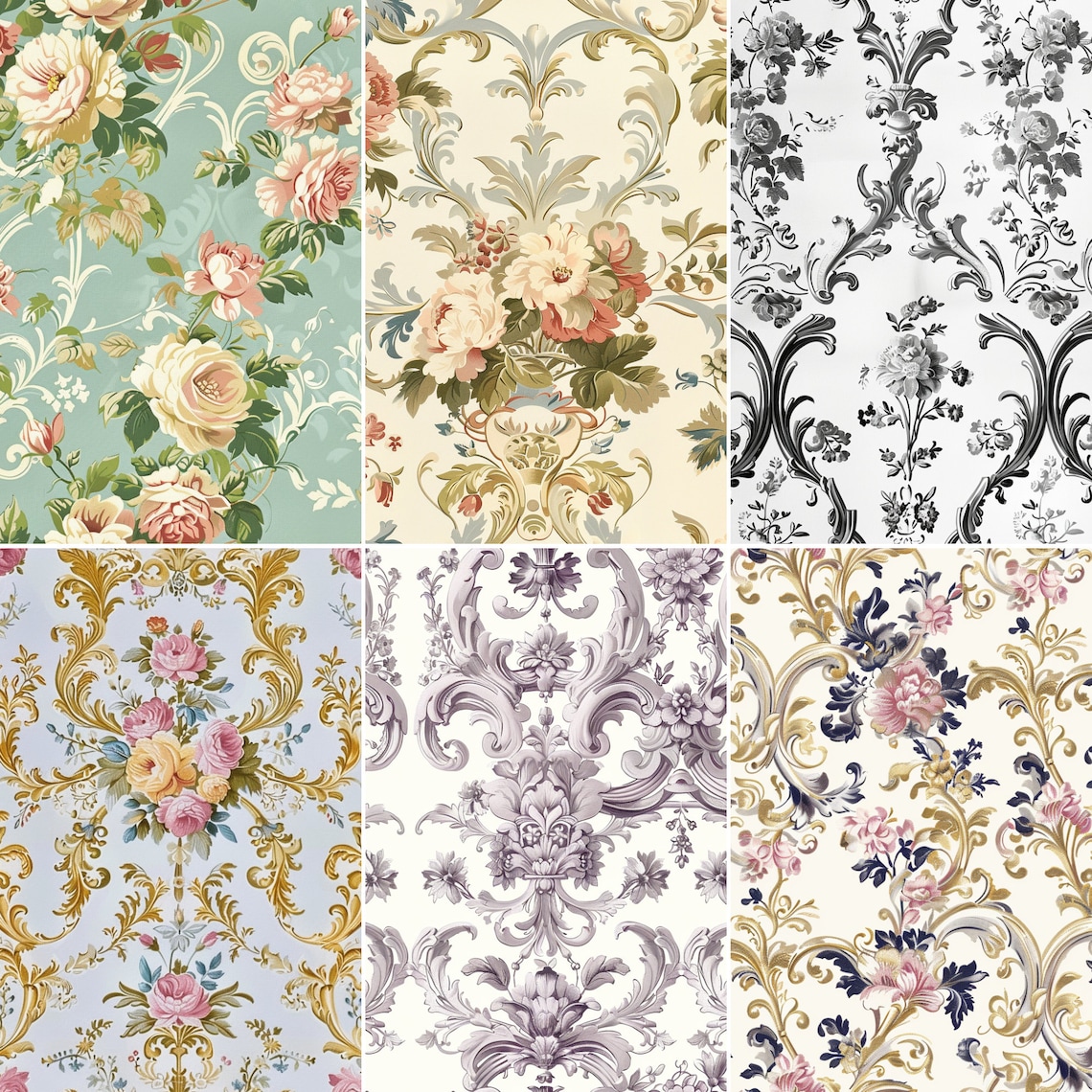 French Rococo Seamless Pattern Bundle, Vintage Baroque Floral Digital ...