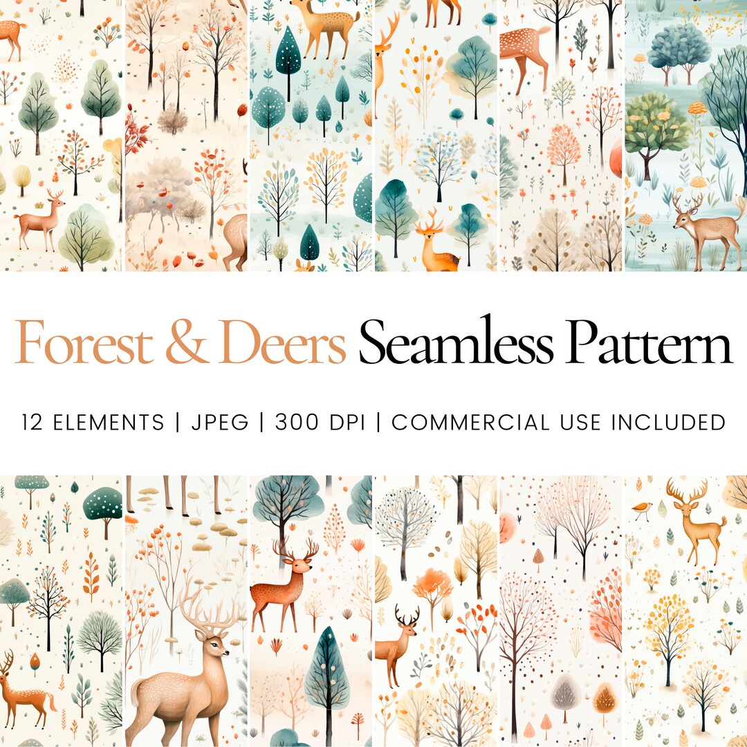 Deer Forest Digital Paper, Watercolor Deer Forest Seamless Repeat ...