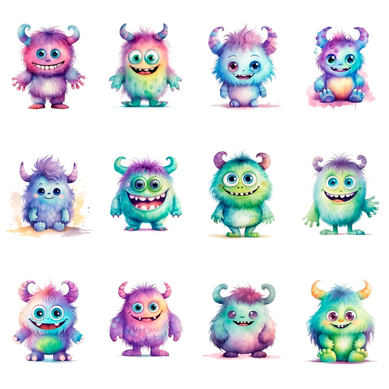 Cute Monsters Clipart Set, Colorful Furry Creatures Watercolor Bundle ...