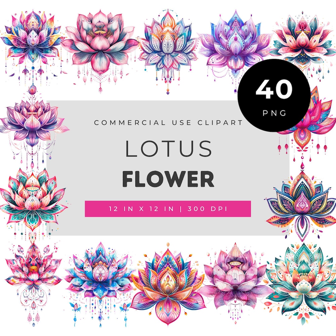 Watercolor Lotus Flower Clipart Bundle With Vibrant Boho Mandala Petals ...