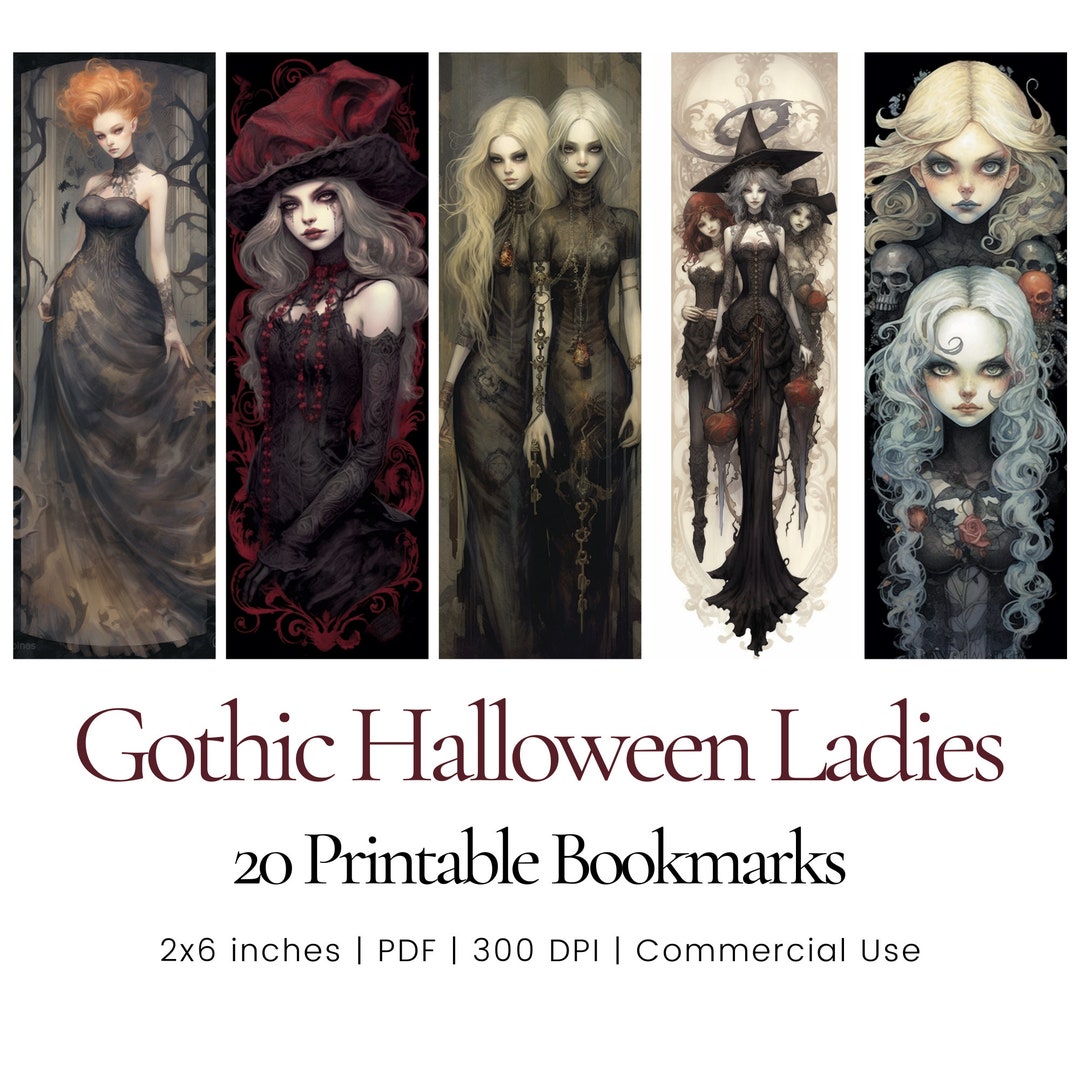 Creepy Gothic Halloween Women Bookmark, Illustrated Watercolor Style ...