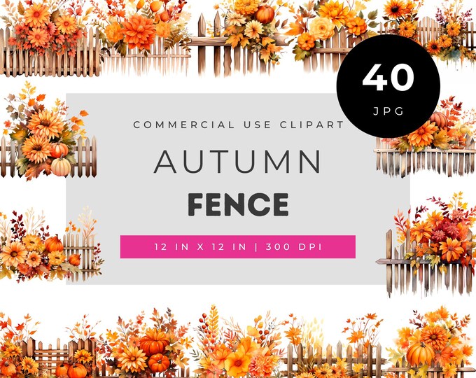 Pumpkin Fence Clipart - Fall Floral Fence Clipart - Jpgs - Instant ...