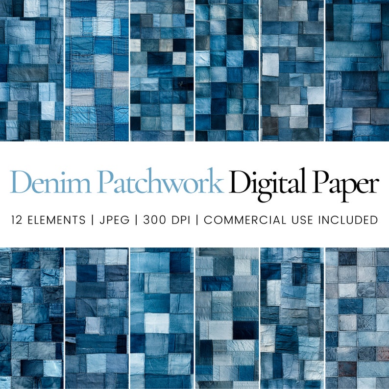 Denim Patchwork Digital Paper, Denim Seamless Repeat Pattern, Tumbler ...