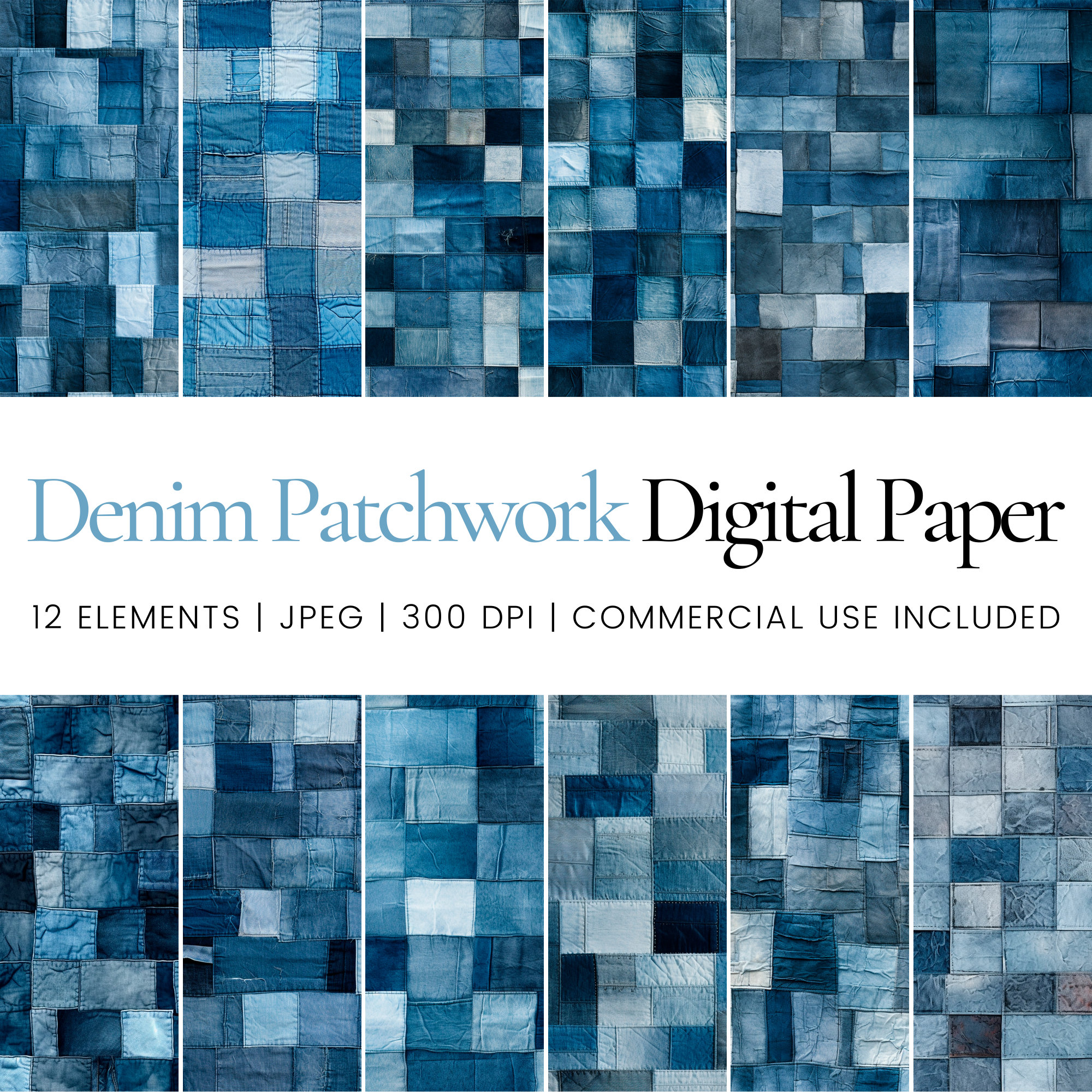 Denim Patchwork Digital Paper, Denim Seamless Repeat Pattern, Tumbler ...