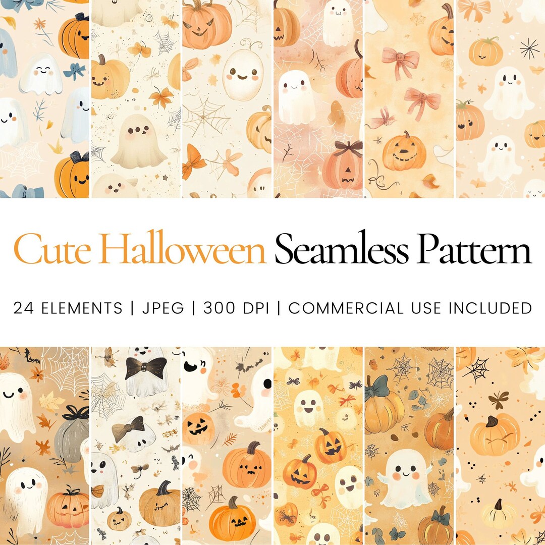 Cute Halloween Seamless Patterns, Pastel Ghost Pumpkin Digital Paper ...