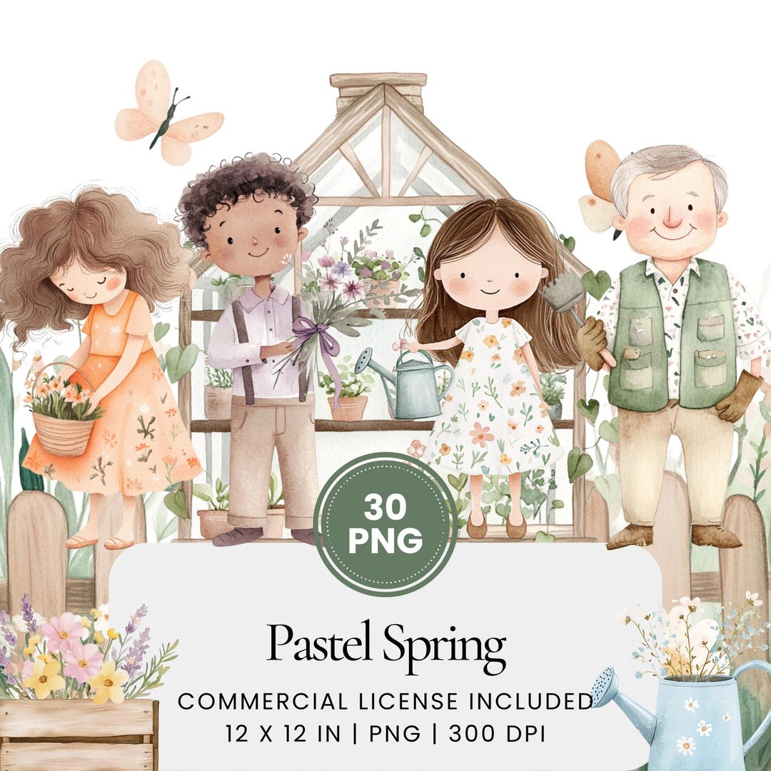 Pastel Spring Clipart, Watercolor Set With Gardeners, Flowers ...