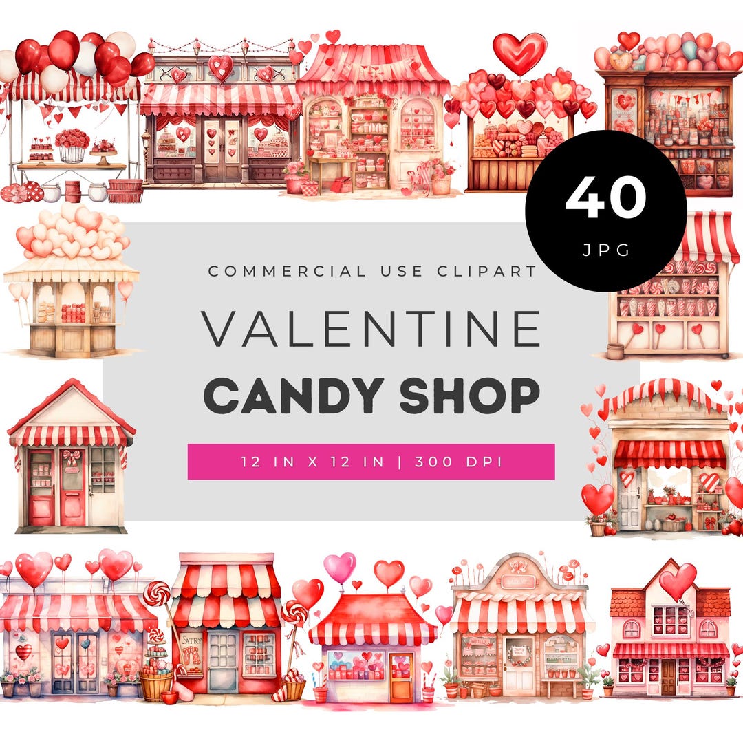 Valentine Candy Shop Watercolor Clipart Set, Cute Pink Storefronts ...
