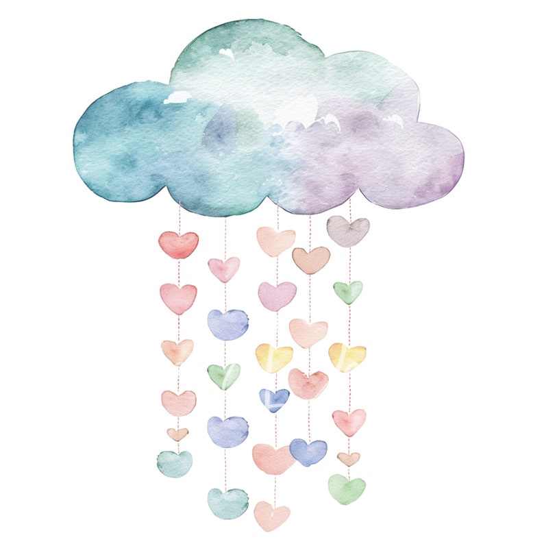 Watercolor Cloud and Hearts Clipart, Pastel Rainbow Heart Rain ...