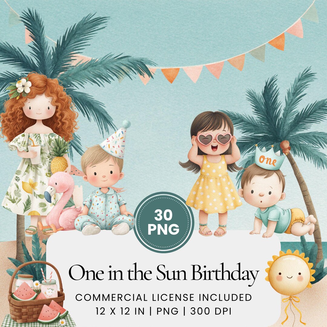 One in the Sun Birthday Watercolor Clipart Bundle, Boho First Birthday ...