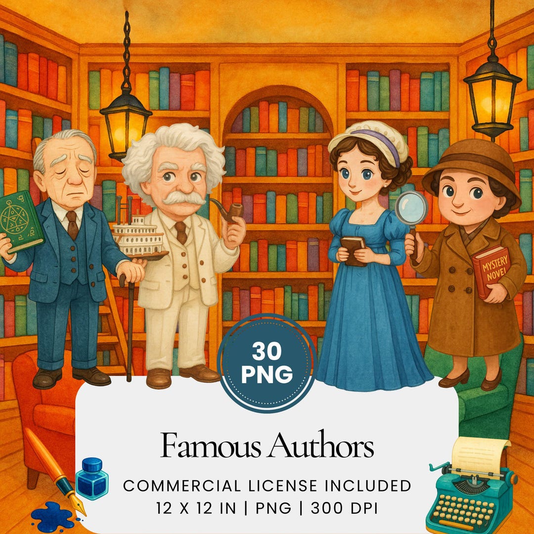 Famous Authors Watercolor Clipart Bundle, Literary Character Png ...