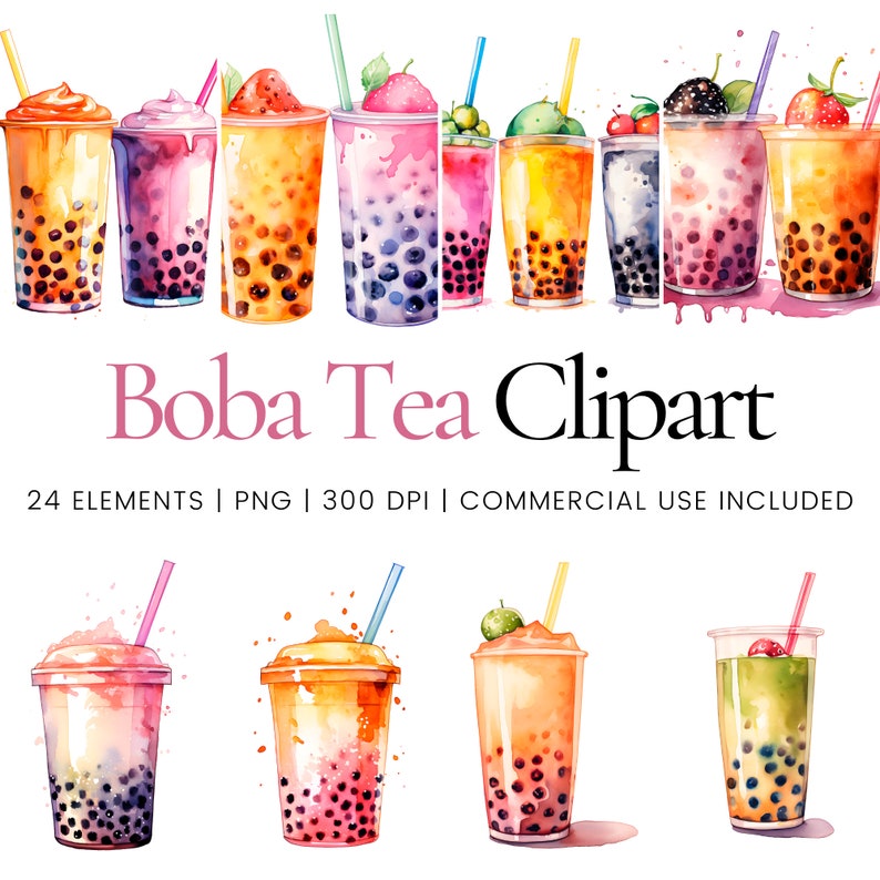 Boba Tea Watercolor Clipart Bundle, Cute Bubble Drink Illustrations for ...