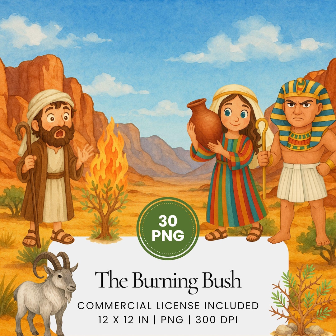 Moses Burning Bush Illustrations PNG, Bible Story Clipart Watercolor ...