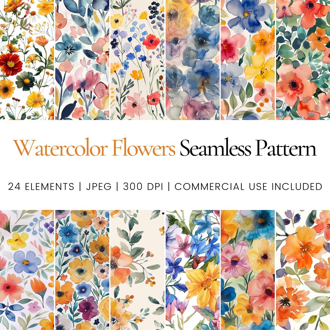 Watercolor Flowers Digital Papers, Seamless Repeat Pattern, Background ...