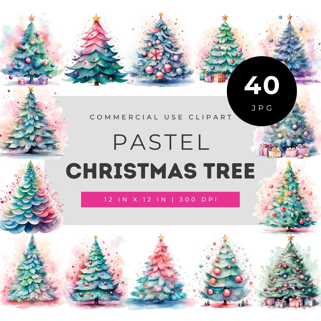 Pastel Christmas Tree Clipart Set, Watercolor Holiday Pine Tree in Pink ...
