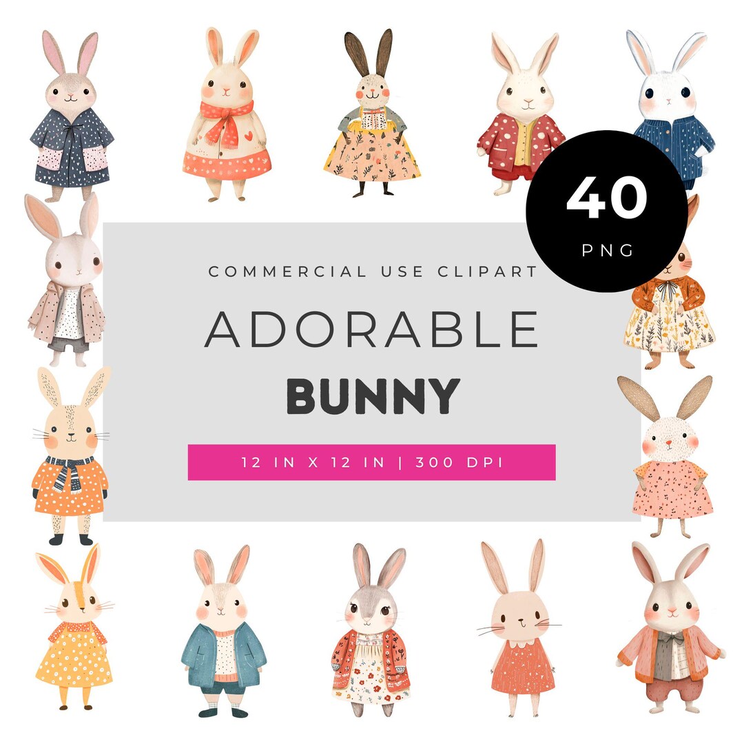 Watercolor Bunny Clipart Bundle, Cute Easter Rabbit PNG Set, Baby ...