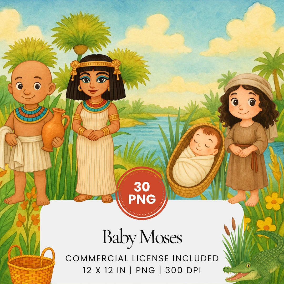 Baby Moses Bible Story Clipart Bundle, Christian Exodus Watercolor PNG ...
