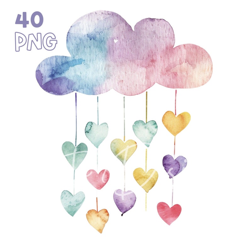 Watercolor Cloud and Hearts Clipart, Pastel Rainbow Heart Rain ...