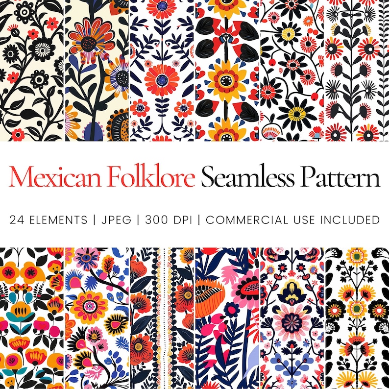 Mexican Folklore Seamless Pattern Bundle, Vibrant Otomi Floral Digital ...