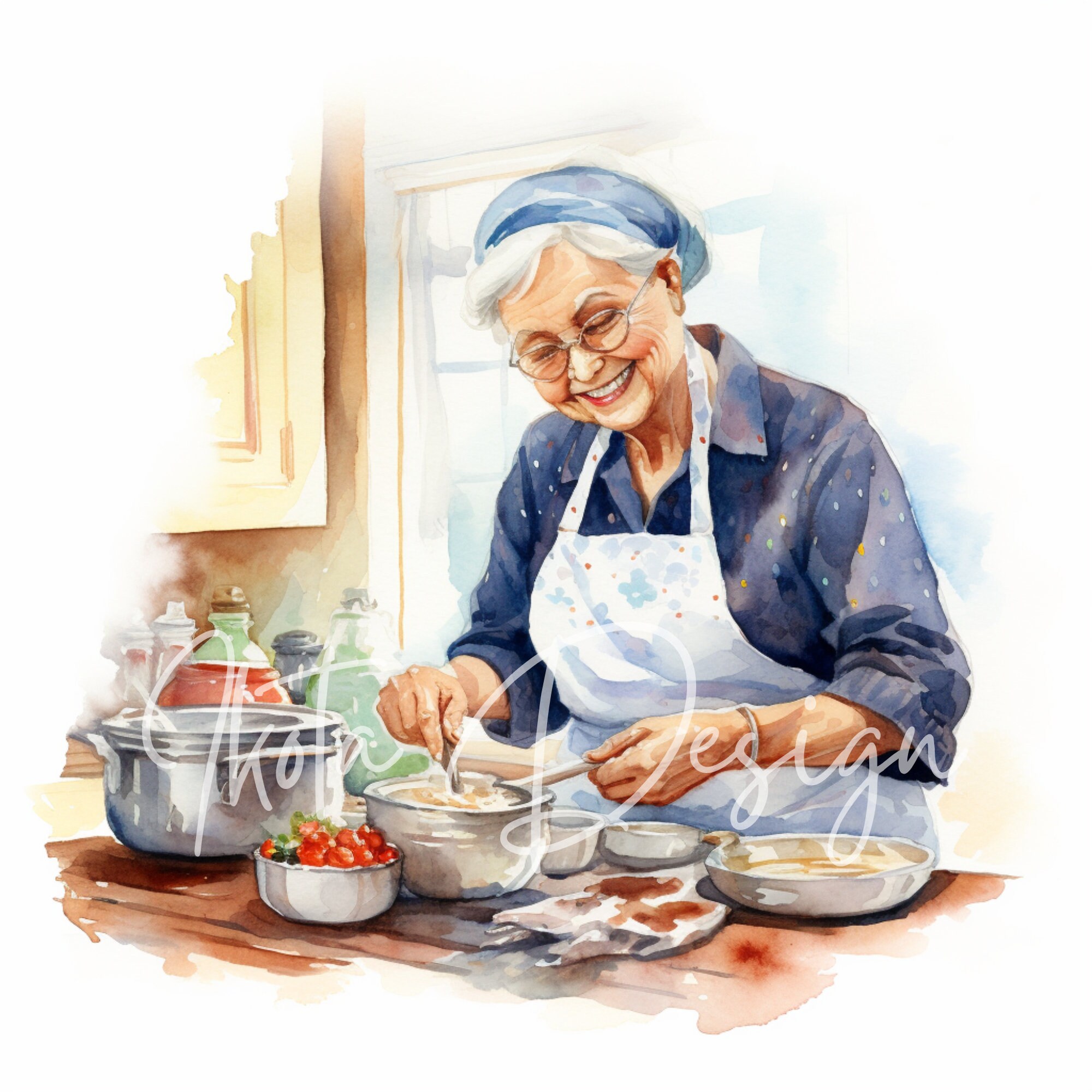 Grandma Cooking Clipart Set With Watercolor Kitchen Scenes Elderly Chef ...