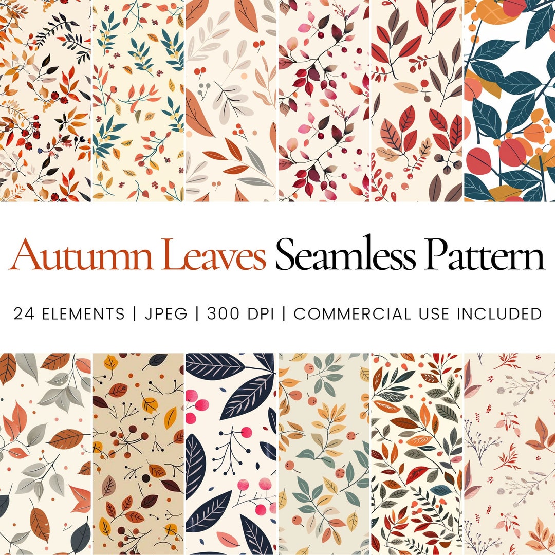Autumn Leaves Seamless Pattern Set, Fall Foliage Digital Paper Bundle ...