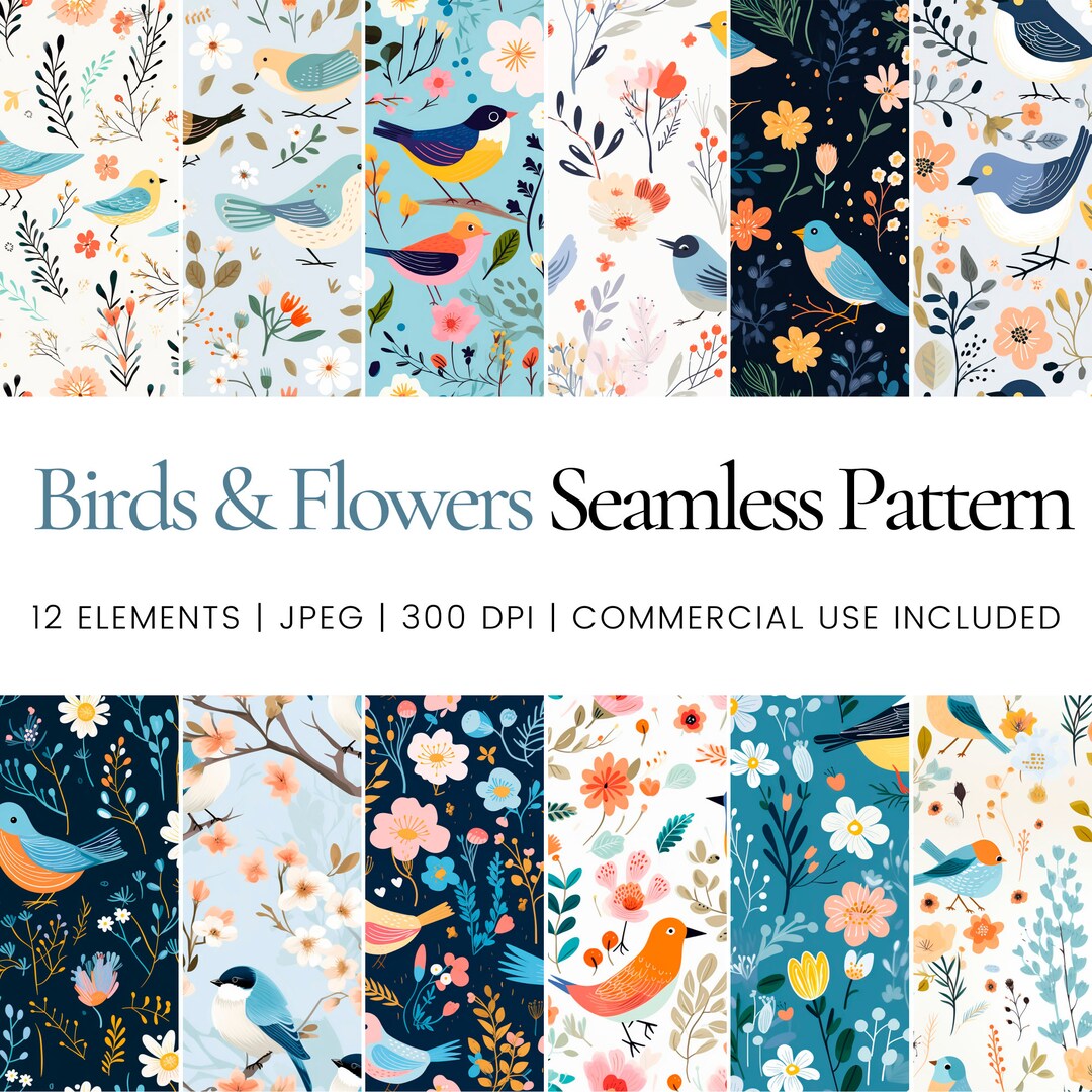 Birds and Flowers 12 X 12 Digital Seamless Paper Pack, Scrapbook, Junk ...