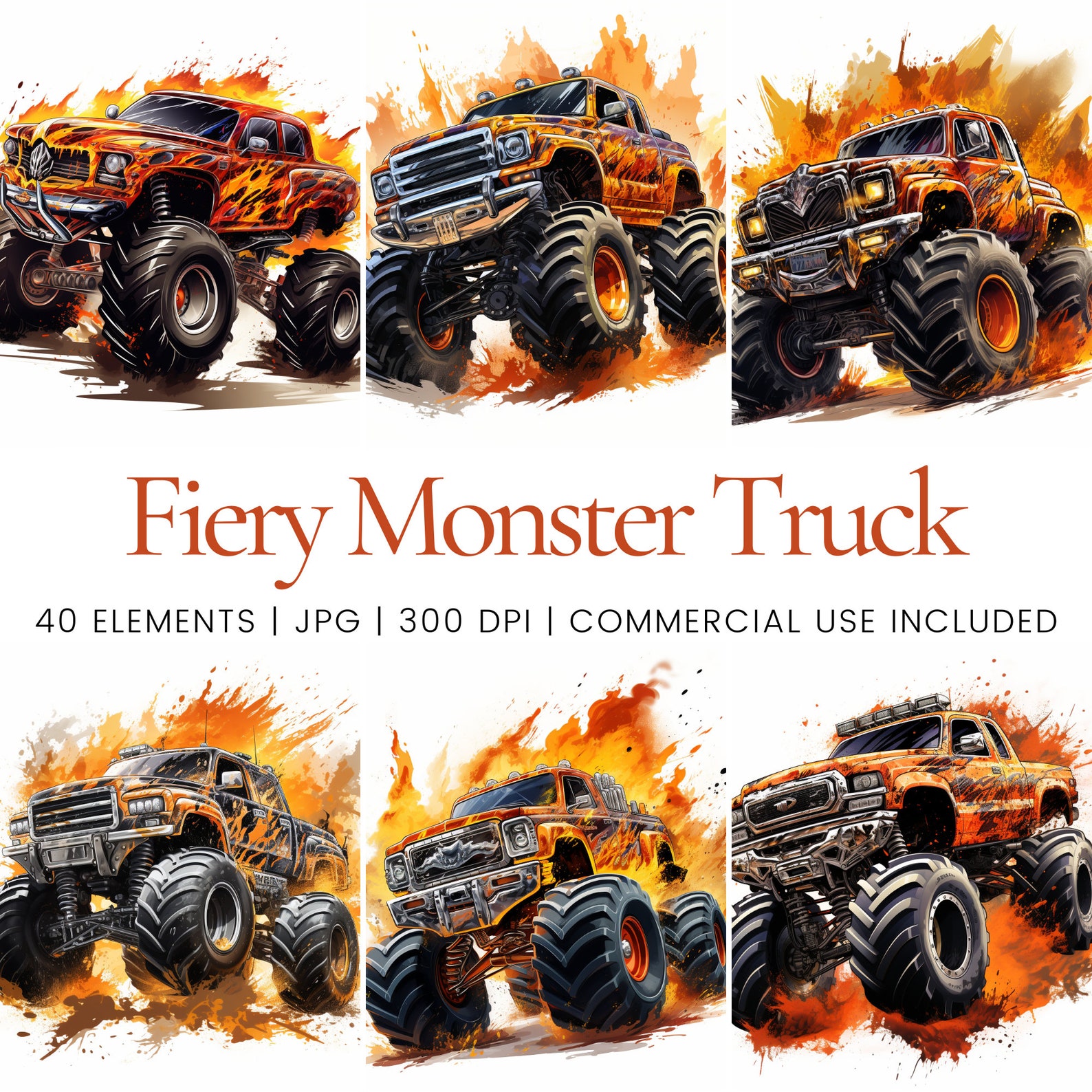 Monster Truck on Flames Clipart - 40 High Quality Jpgs - Digital ...