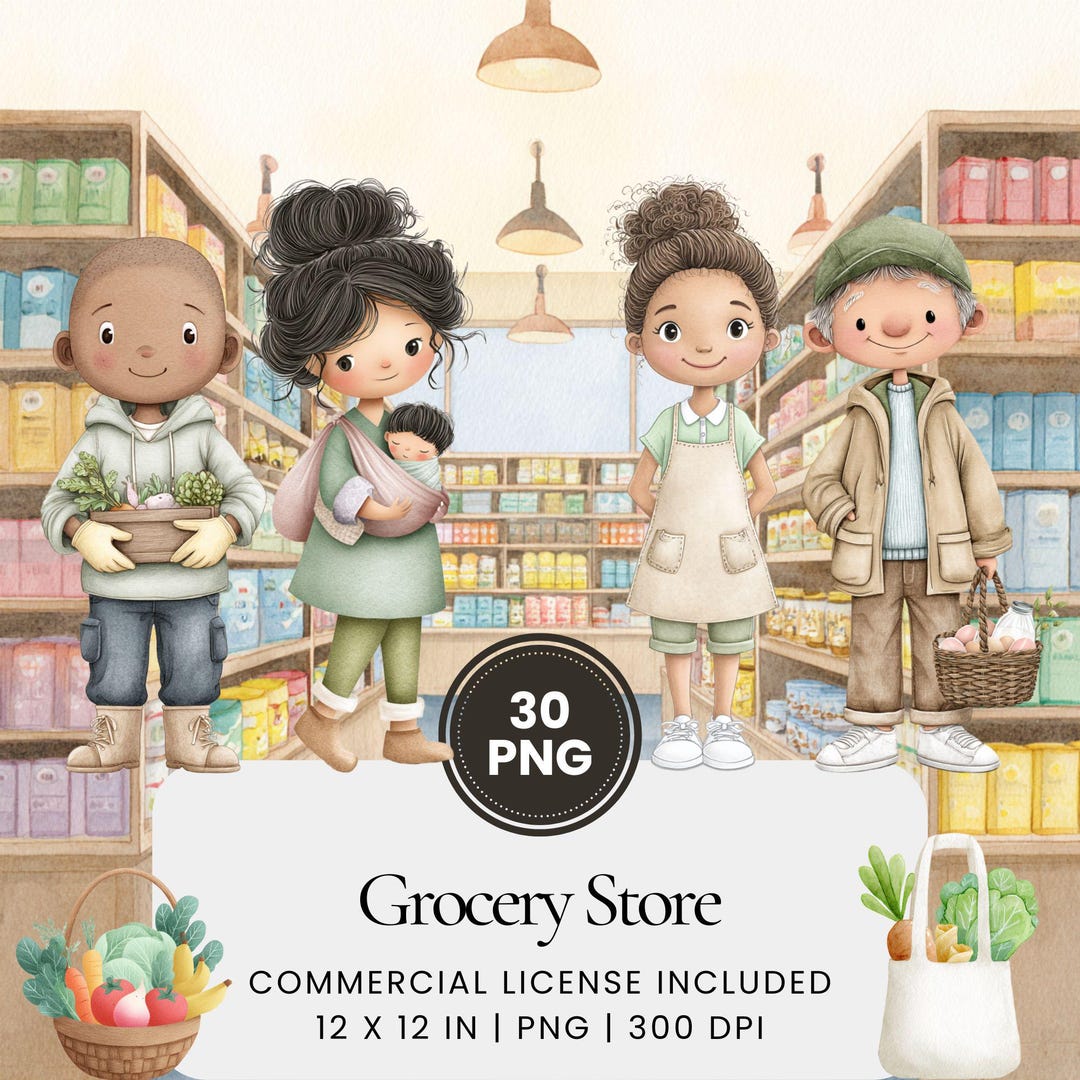Grocery Store Watercolor Clipart Bundle, Pastel Shopping Scene ...