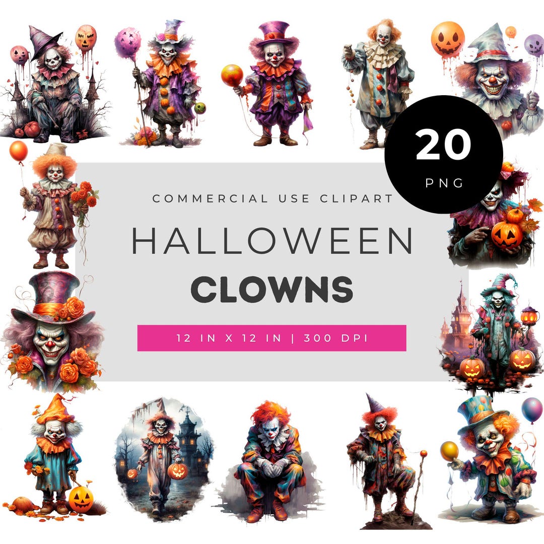 Halloween Clowns Clipart Set, Spooky Creepy Clown Watercolor Bundle for ...