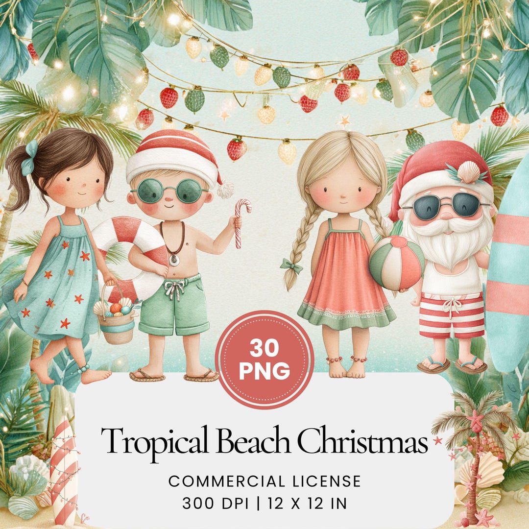 Tropical Beach Christmas Clipart Bundle, Coastal Holiday Watercolor ...