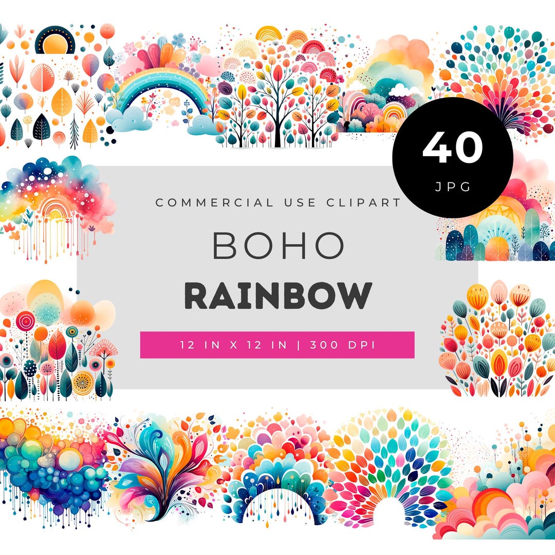 Boho Rainbow Clipart Set, Colorful Abstract Rainbow Illustrations for ...
