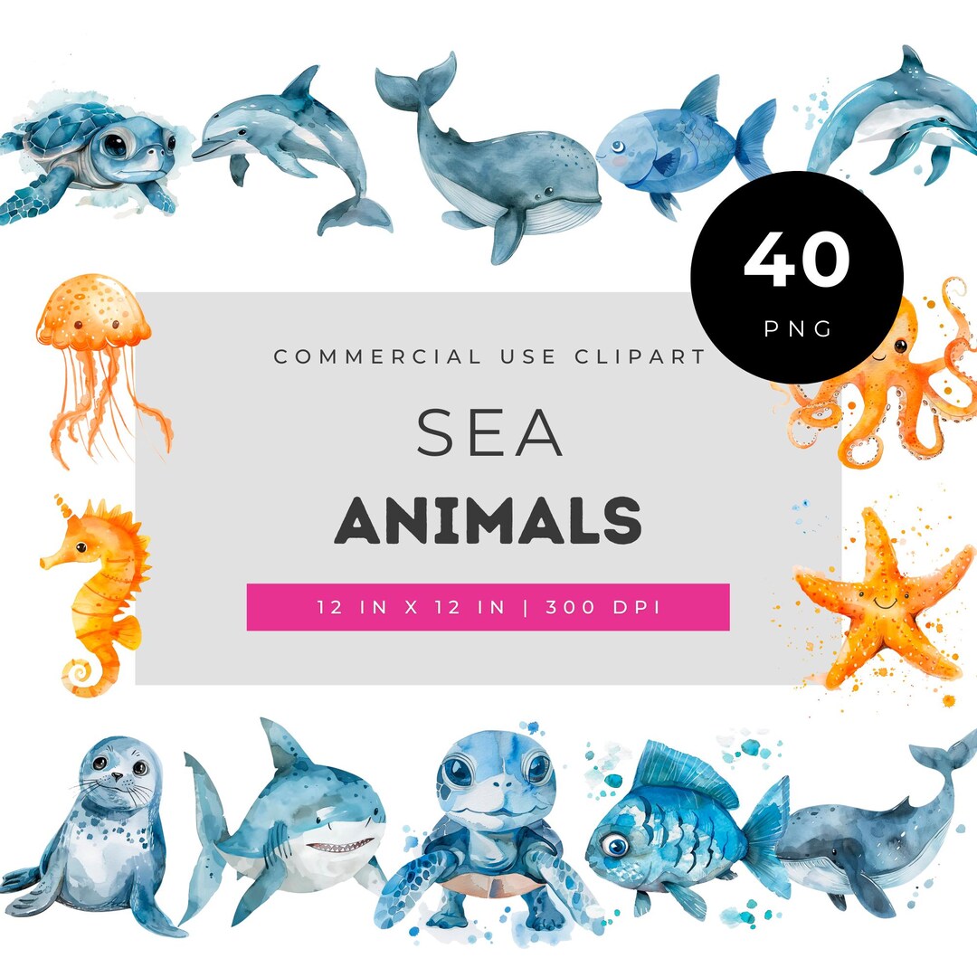 Sea Animals Clipart, Watercolor Sea Animals Illustration, Ocean Animals ...