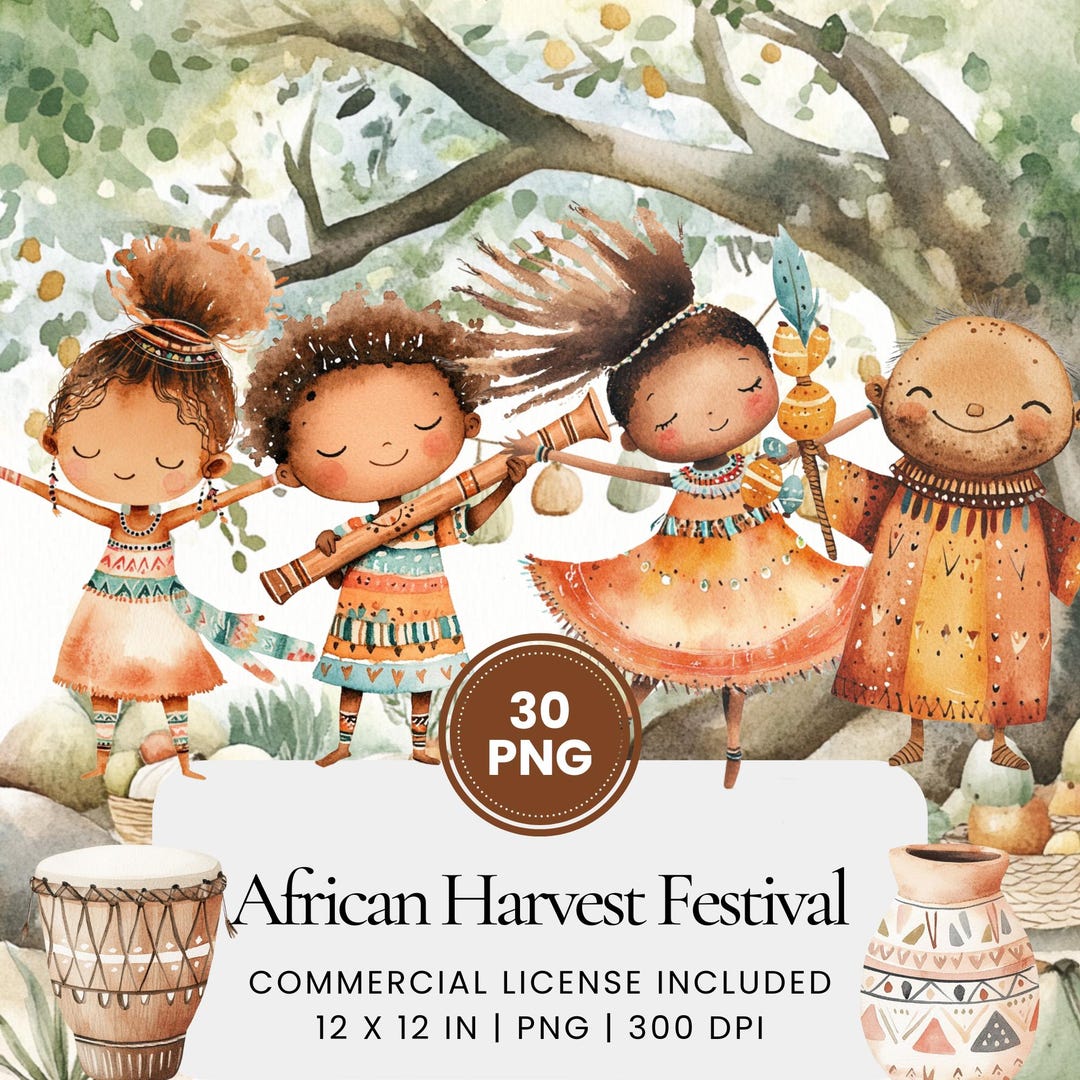 African Harvest Festival Watercolor Clipart Set, Cultural Children ...