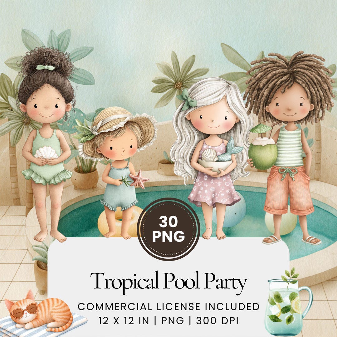 Tropical Summer Pool Party Clipart, Pastel Watercolor Beach Girls, Cute ...