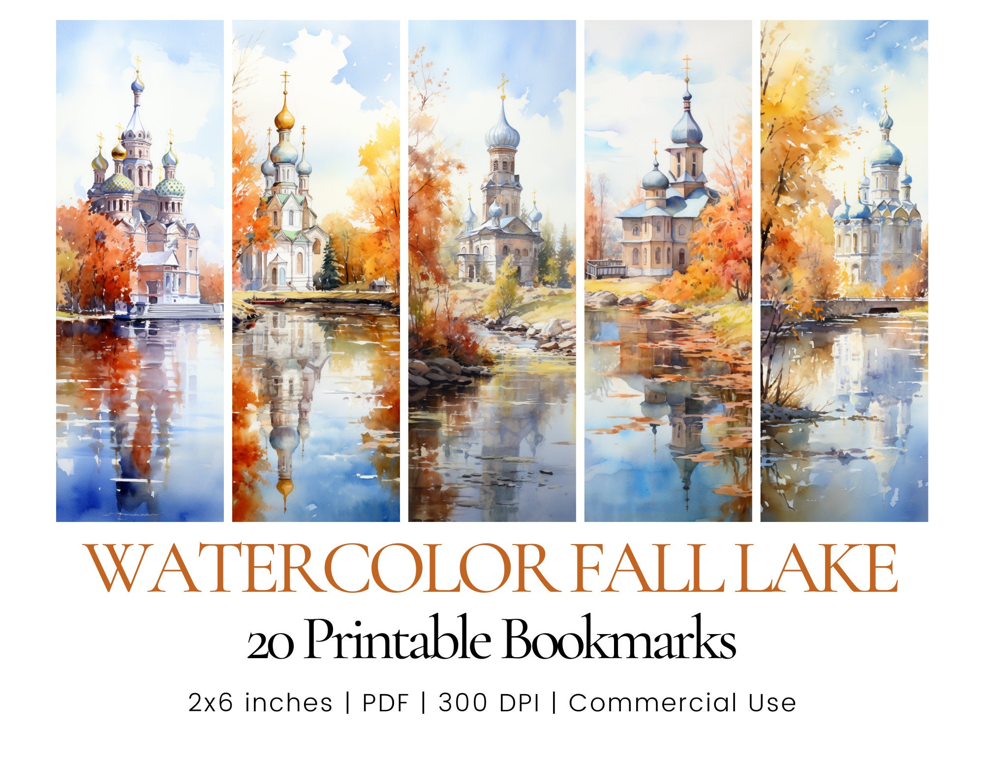 Watercolor Fall Lake Bookmarks Printable, Autumn Church Landscape Art ...