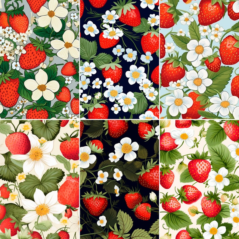Strawberries Flowers Digital Papers, Strawberries Seamless Repeat ...