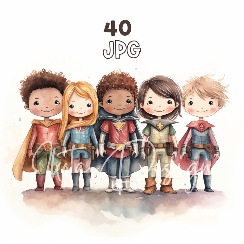 Superhero Kids Clipart Set, Cute Diverse Children in Capes Watercolor ...