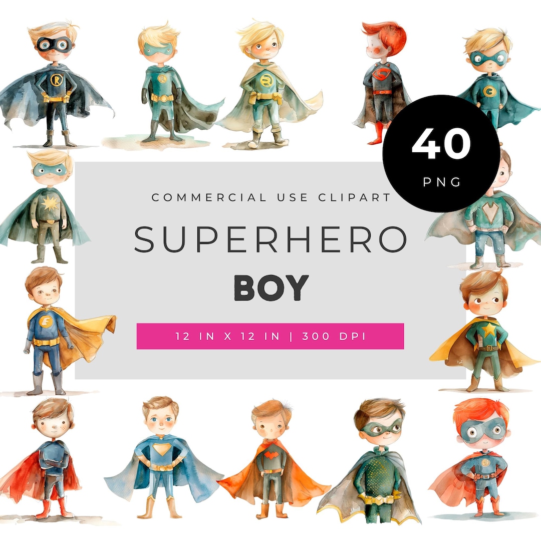 Superhero Boy Clipart Bundle, Watercolor Little Hero Png Set, Cute Kids ...