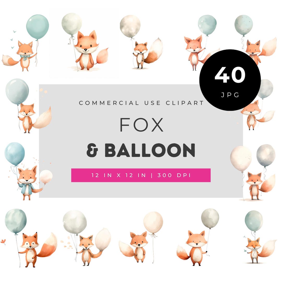 Cute Fox Balloon Clipart, Baby Animal Illustration, Soft Watercolor ...