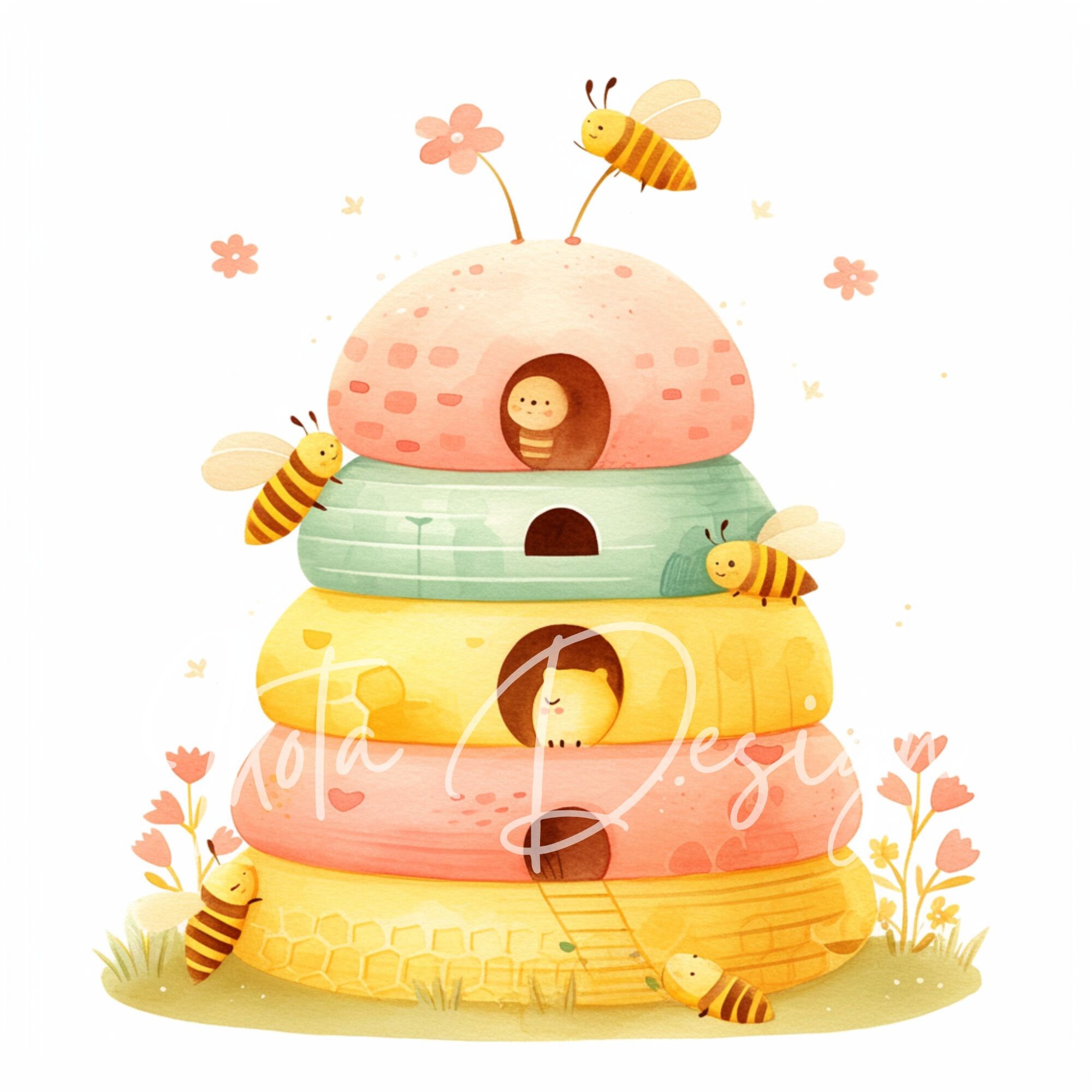 Little Beehive Clipart JPG Bundle, Cute Watercolor Bee House Graphics ...