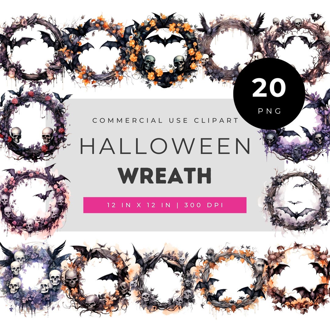 Halloween Wreath Clipart Bundle, Spooky Skull and Bat Floral Frame Png ...
