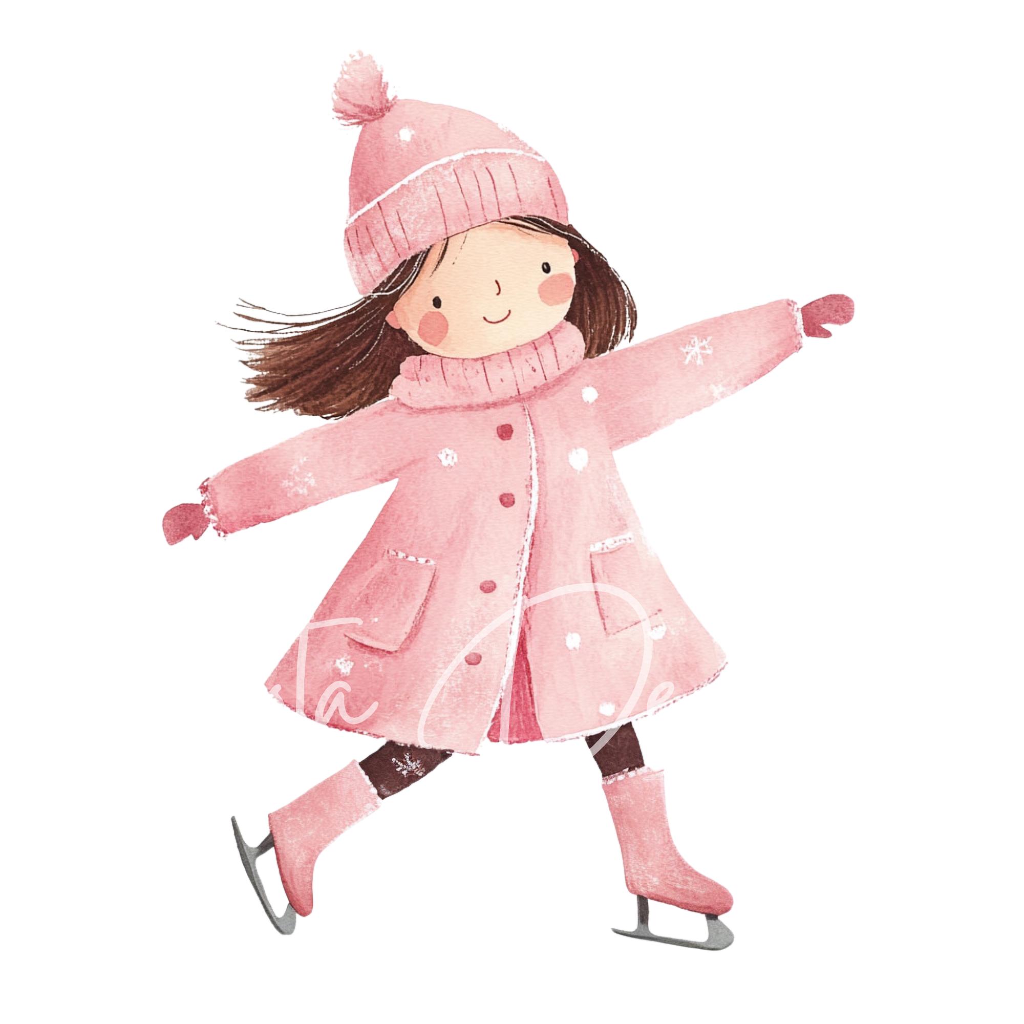 Watercolor Ice Skating Rink Clipart Set, Winter City Park Scene With ...