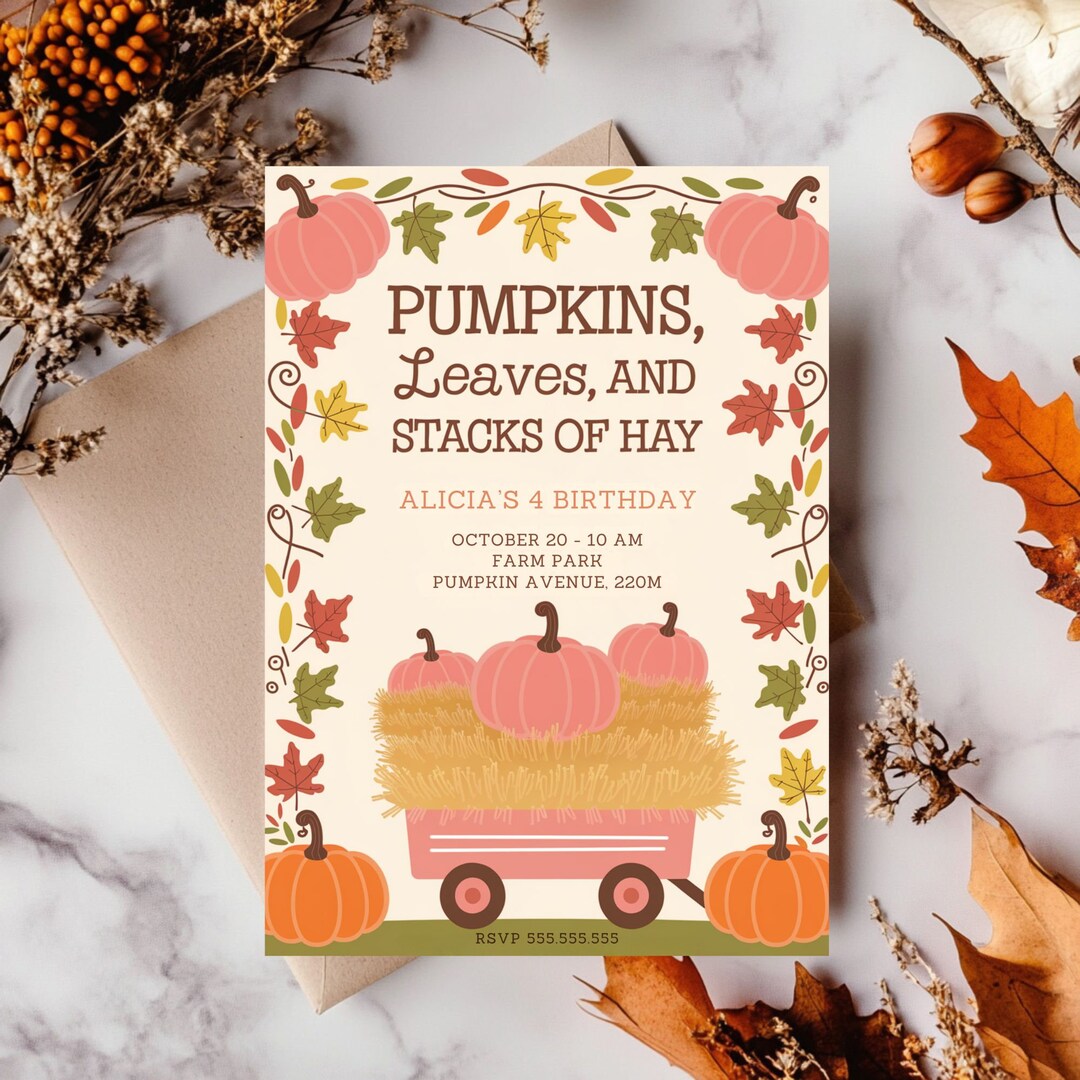 Editable Autumn Birthday Invitation, Pumpkin and Leaves Kids Party ...