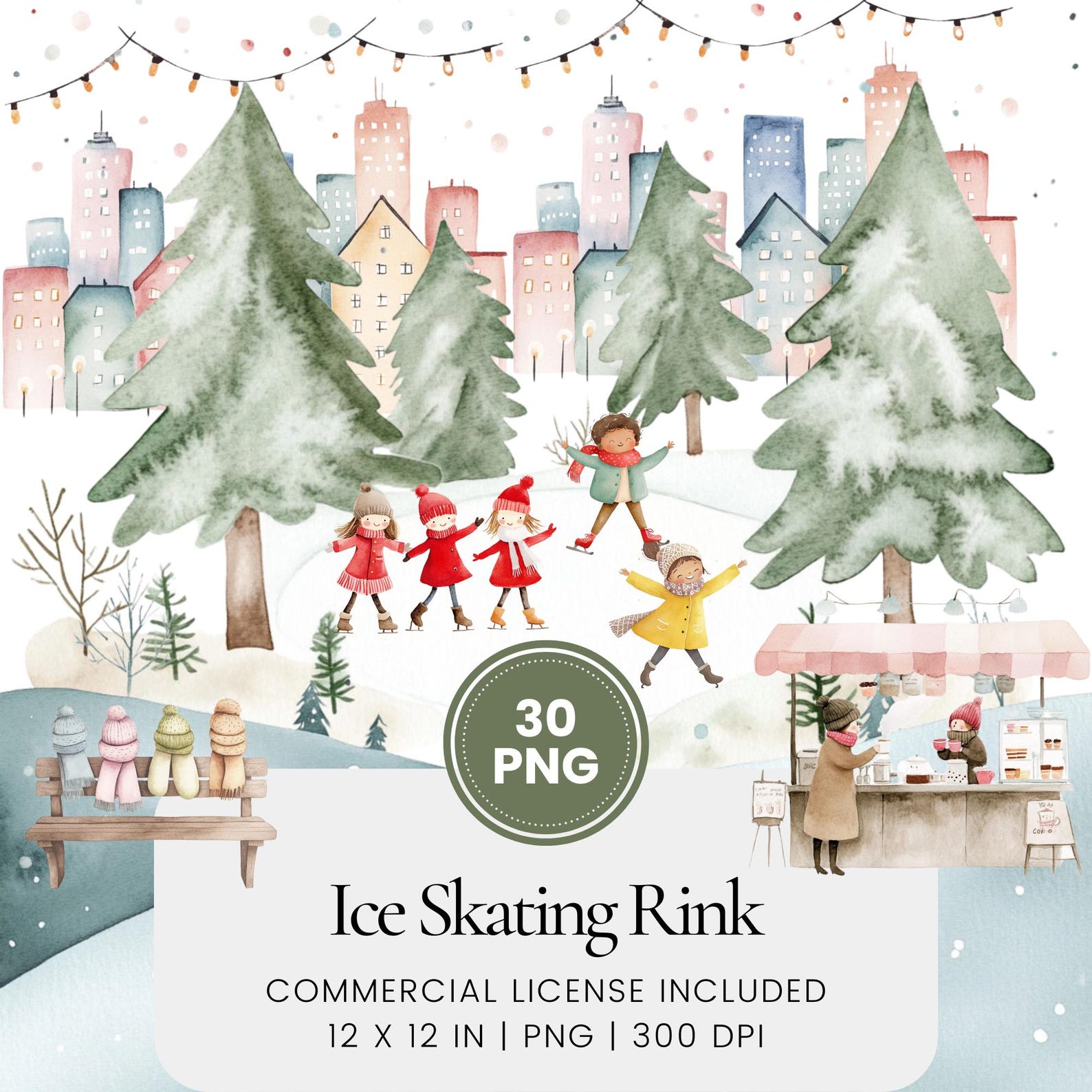 Watercolor Ice Skating Rink Clipart Set, Winter City Park Scene With ...