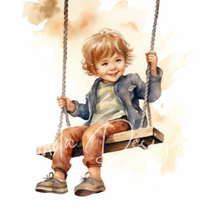 Boy on a Swing Clipart Bundle, Watercolor Swing Boy Illustrations, Cute ...