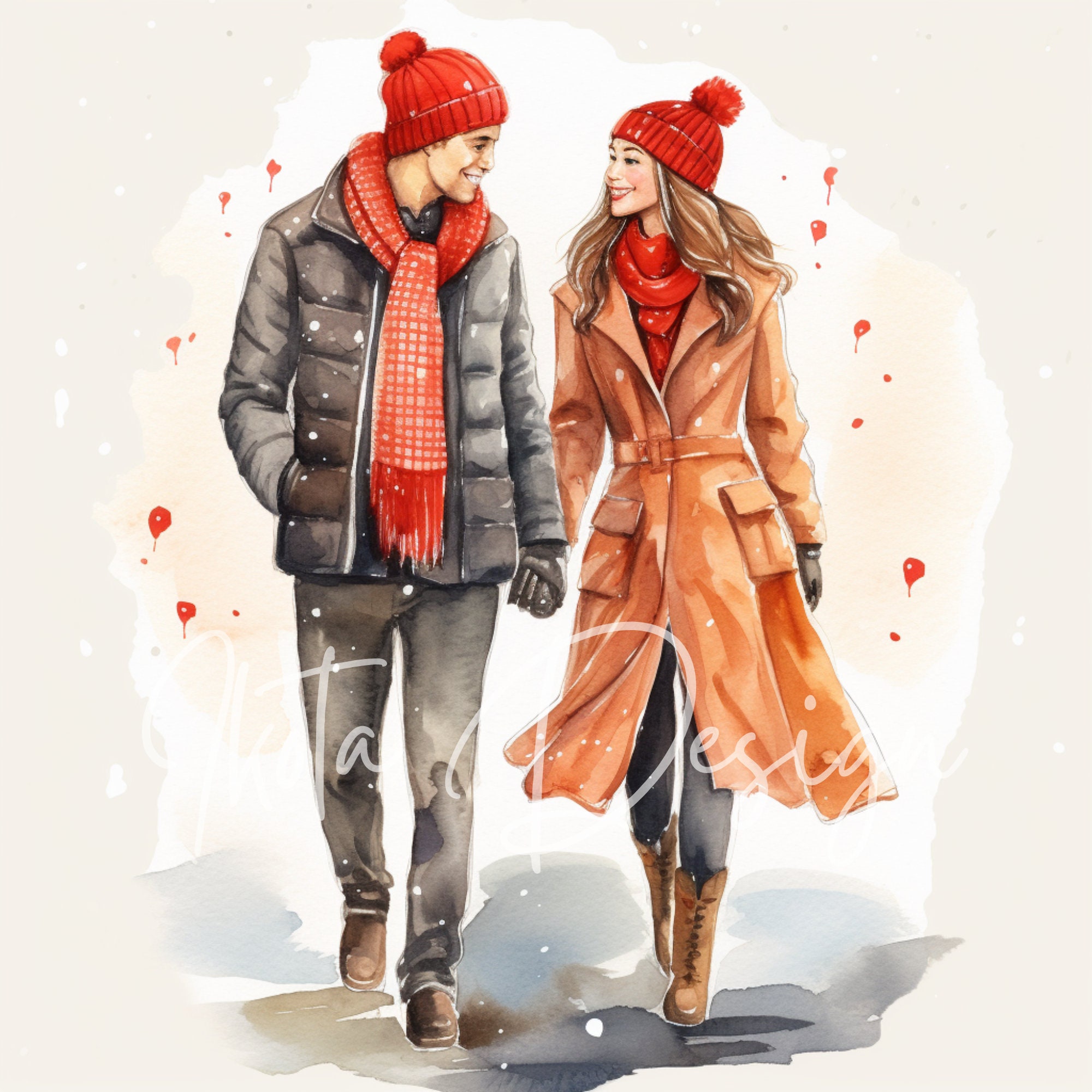 Christmas Couple Clipart, Romantic Winter Love Illustrations, Cozy ...